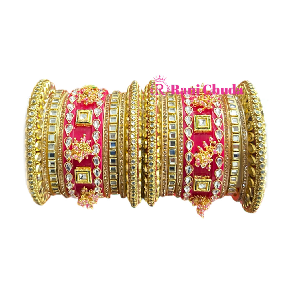 Designer Premium Quality Bridal Chura Bangles Set In Pink - RaniChuda